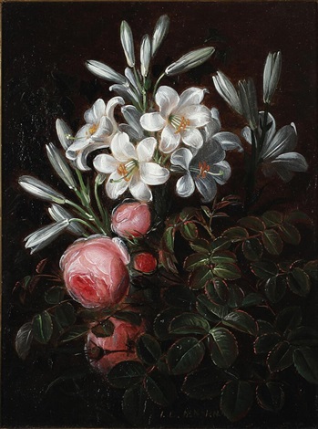 Still life with pink roses and white lillies by Johan Laurentz Jensen ...