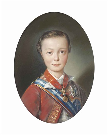 Portrait of Alfonso XII as a child, in a red coat with a blue and white ...
