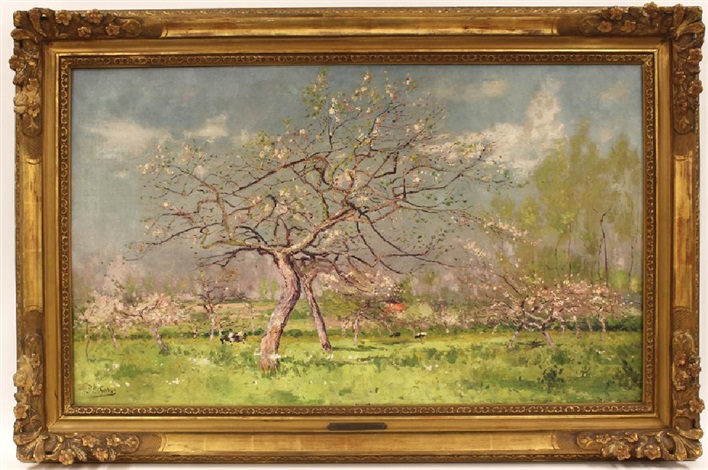 Spring landscape, cows grazing in apple orchard by Joseph Caron on artnet