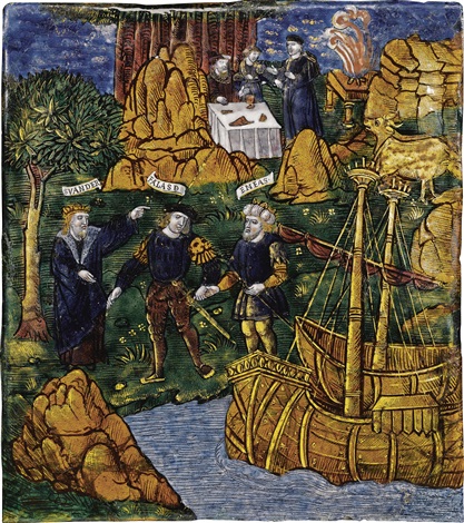 Six panels representing scenes from book VIII of the Aeneid by Master ...