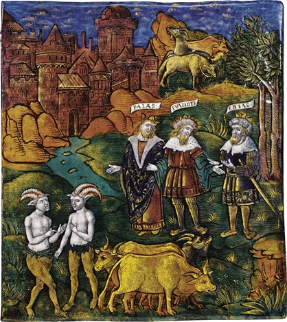 Six panels representing scenes from book VIII of the Aeneid by Master ...