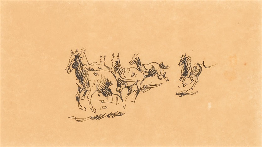 Six Western drawings featuring mounted cowboys, horses and steer by ...