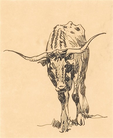 Six Western drawings featuring mounted cowboys, horses and steer by ...