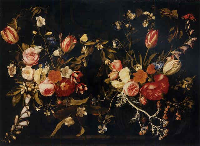 A garland of roses, tulips, cornflowers, foxgloves and other flowers ...