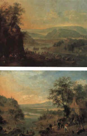 Extensive Rhenish landscapes with barges unloading and peasants on a ...