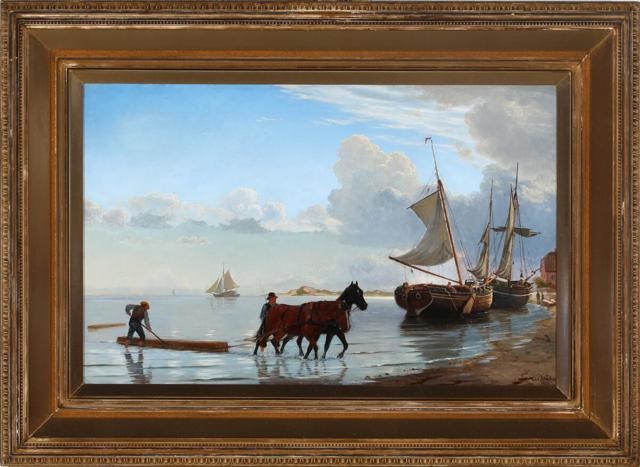 Coastal view with sailing ships and horses pulling driftwood from ...