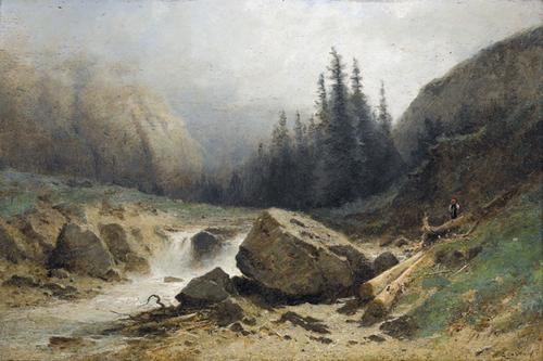 Reissender Gebirgsbach mit Bäuerin by Gustave Eugène Castan on artnet