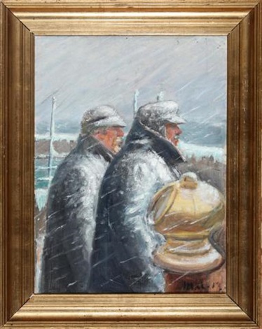 Captain Hart standing on the brigde in a snowstorm, Skagen 1913 by ...