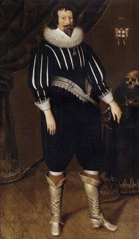 Portrait of Sir Thomas Lawley in a black slashed doublet and black hose ...