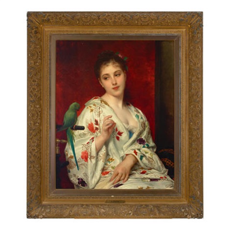 A portrait of a young woman in a floral robe with a parakeet by Etienne ...