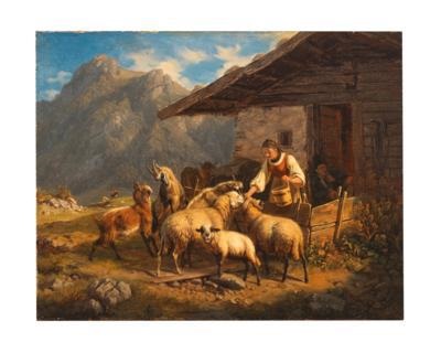 Sennerin mit Schafen und Ziegen auf der Alm by Robert Eberle on artnet