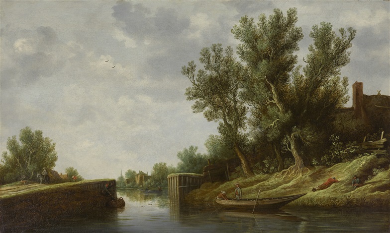 A river landscape with a sluice gate and boats by Pieter de Neyn on artnet