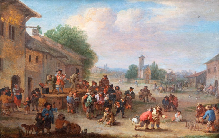 A joyous village scene with a quack selling his goods and children ...