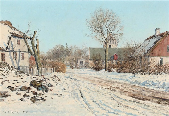 Winters day in the village street with a view to the church by Ole Ring ...