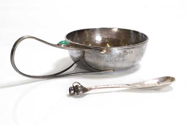 An Arts and Crafts silver and chrysoprase-set porringer and spoon by ...