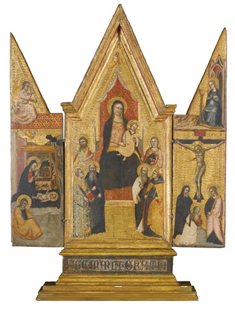 A PORTABLE TRIPTYCH SHOWING THE MADONNA AND CHILD ENTHRONED WITH SAINTS, WITH THE ANNUNCIATION ...