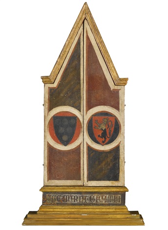 A PORTABLE TRIPTYCH SHOWING THE MADONNA AND CHILD ENTHRONED WITH SAINTS, WITH THE ANNUNCIATION ...