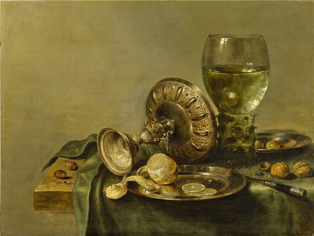 Still life with a roemer, an upturned tazza, nuts, acorns, a knife and ...
