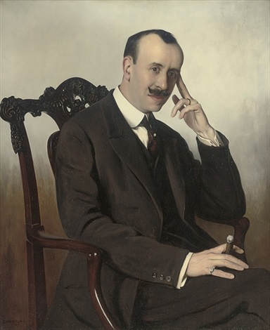 Portrait of Joseph Nissim Levy Esq., seated in a black suit and tie, a cigar in his right hand ...