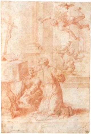 A Jesuit Saint kneeling in front of a Crucifix, the same performing a ...