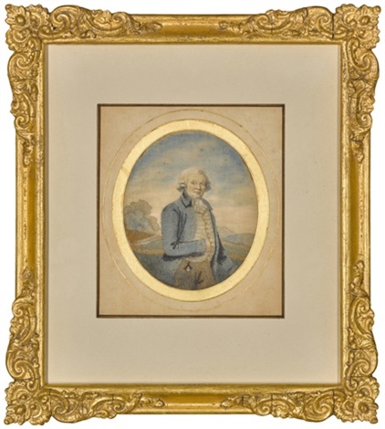 A pair of George III pendant portraits in painted and embroidered silk ...