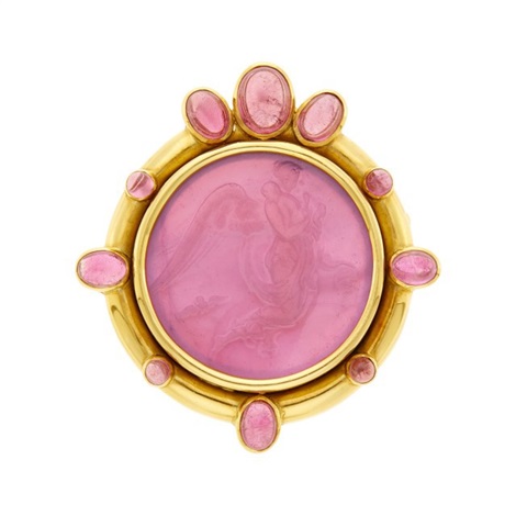 Elizabeth Locke Gold, Pink Glass Intaglio, Mother-of-Pearl and Cabochon ...