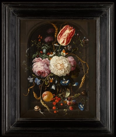 Still life of flowers in a glass vase with insects and fruits in a ...