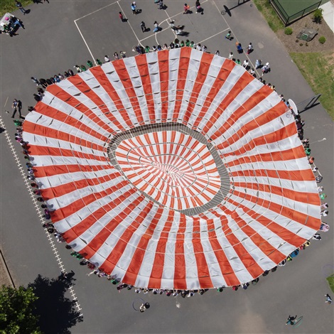 Apollo Block II Command Module parachute, 83½ feet in diameter. Red ...