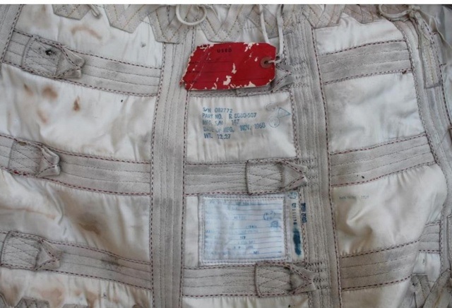 Apollo Block II Command Module parachute, 83½ feet in diameter. Red ...