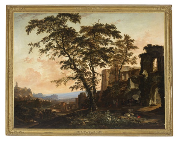 An extensive Rhenish landscape with peasants and animals resting in the ...