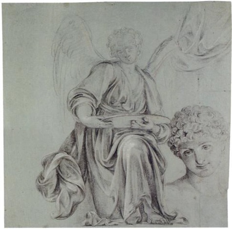 A kneeling angel presenting a salver, with subsidiary studies of his ...