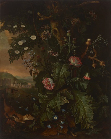 A forest floor with a weasel, mouse, opium poppy and thistle, a view of ...