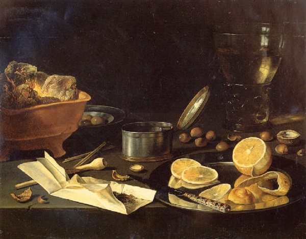 A toebackje still life of lemons and a knife on a pewter plate, with a ...