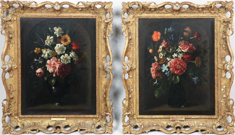 Bouquets de fleurs dans des niches en trompe-loeil pair by Gaspar ...