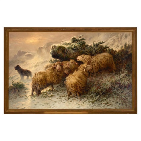 A flock of sheep in a snow storm by August Friedrich Albrecht Schenck ...