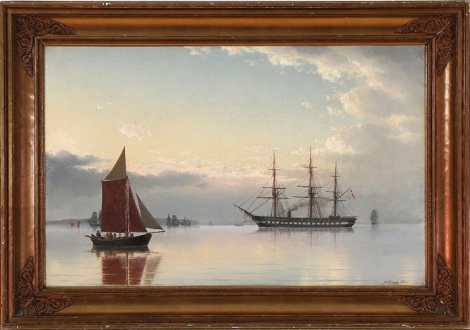 Evening seascape with the Danish steam frigate Jylland by Carl Emil ...