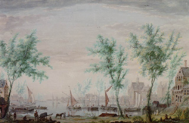 Dutch quayside with numerous vessels and an estuary beyond by Abraham ...