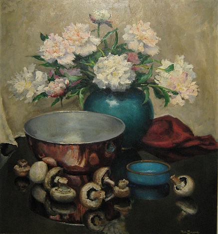 Stilleven van bloemen, potten en paddestoelen by Robert Boudry on artnet