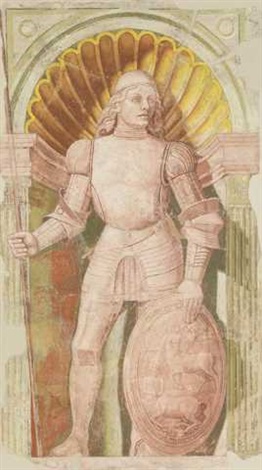 Two soldiers, full-length in armour, holding a spear and a rondache by ...