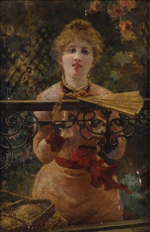 Portrait of a Lady Holding a Fan by a Garden Fence by Edoardo Tofano on ...