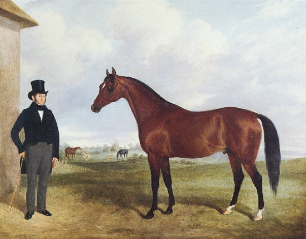 A bay stallion Property of Lord Willoughby dEresby with a trainer ...