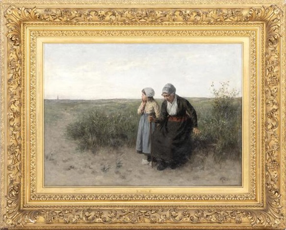 A Dutch landscape with an old woman and a little girl by David Adolf ...