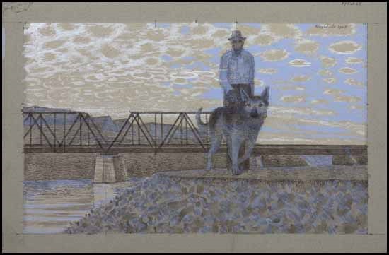 Seeing-eye dog, man and bridge by David Alexander Colville on artnet