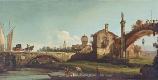Vedute mit einer Brücke und Figuren, Veduta con ponte e figure by ...