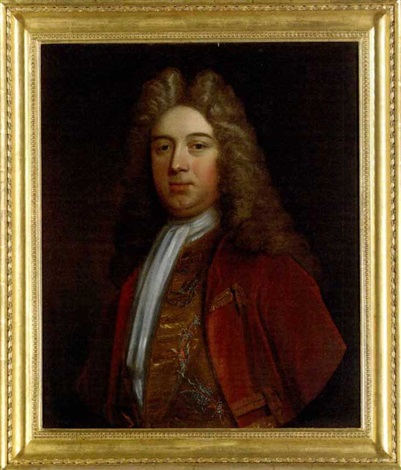 Portrait of Sir Richard Hopkins in brown embroidered waistcoat and red ...