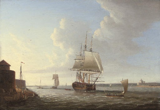 An English man-owar shortening sail entering Portsmouth Harbour, with ...