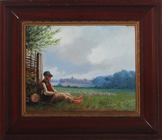 A shepherd resting as the sheep are grazing by Hans Gabriel Friis on artnet