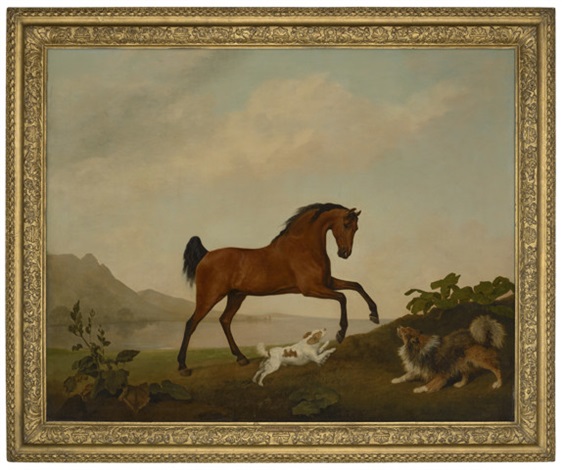 A prancing horse with two dogs, in a landscape by George Stubbs on artnet