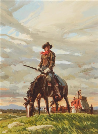 Cowboy on horseback with stagecoach, 1979 by William George on artnet