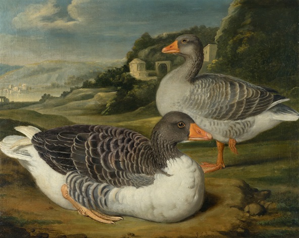 Two grey gooses in a park landscape by Jacob Samuel Beck on artnet